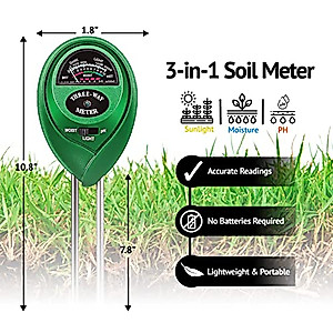 Soil Meter - Monitors Sunlight, Soil Moisture, Plant Water, and pH Levels in Plants, Crops, Fruits, Vegetables, Farms, and Indoor and Outdoor Gardens! No Batteries Required!
