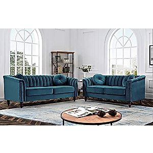 US Pride Furniture Modern Mid-Century Modern Velvet Sofa Chesterfield Inspired Luxury 2 Piece Set for Living Room with Removable Cushions and Turned Wood Legs, Loveseat, Couch, Blue Green