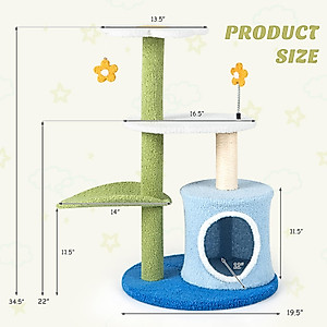 Tangkula Cute Cat Tree, Flower Cat Tower with Sisal Scratching Post, Plush Leaf-Shaped Perch, Roomy Condo, Fluffy Spring Ball & Jingling Ball, Small Cat Tree for Indoor Cats 20 lbs Heavy Duty