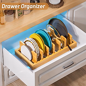 Kiasthome Bamboo Pot and Pan Organizer, Pot Lid Organizer Holder Rack for Countertop Drawer, Kitchen Cabinet Organizer with 7 Adjustable Dividers for Pots, Pans, Baking Sheets, Cutting Boards, Nature