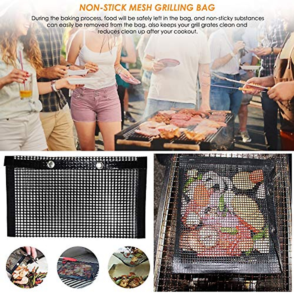 Eurobuy BBQ Mesh Grill Bags,Non-Stick High Temperature Resistance Reusable Grilling Pouches Outdoor Picnic Tool Easy to Clean