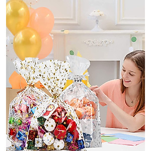 COQOFA 100 Pcs Star Printed 7"X 12" Gift Wrap Cello Cellophane Treat Bags Party Favor bags Clear Candy Cookie Bags Plastic Poly Goodie Storage Bags with Twist Ties for Bakery,Birthday, Wedding ,Party Decorations (Gold)