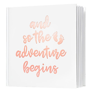 Calculs Polaroid Baby Shower Guest Book So The Adventure Begins Signature Bridal Party Picture Book Blank Pages for Instant Film 8.5” Square White Cover Rose Gold Stamping