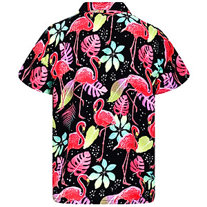KING KAMEHA Funky Hawaiian Shirt, Shortsleeve, Funky Flamingos, Black, XL