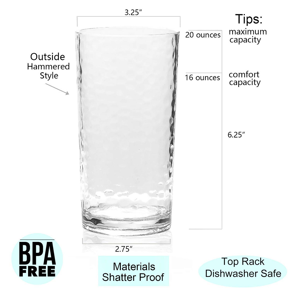 KX-WARE 20-ounce Acrylic Glasses Plastic Tumbler, set of 6 Clear - Hammered Style, Dishwasher Safe, BPA Free