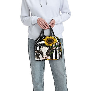 HUZEIMINniu American Flag Lunch Bag Sunflower Cow Lunch Bag Tote Bag Portable Insulated Reusable Lunch Box For Office Work Camping Travel Picnic Beach Fishing For Adult