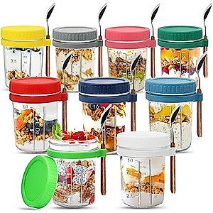TAOUNOA 9 Pack Overnight Oats Container, 12oz Glass Overnight Oats Containers with Lids and Spoon 350ml Colorful Mason Jars with Lids with Measurement Marks