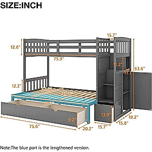 DNYN Stairway Twin Over Full & Twin Bunk Bed with Storage Shelves & Drawers,Convertible Bunkbeds,Wooden Home Furniture Bedframe,No Box Spring Need,Perfect for Kids Bedroom,Guest Room, Gray