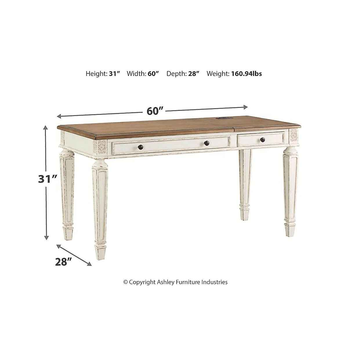 Signature Design by Ashley Realyn French Country 60" Home Office Lift Top Desk with USB Charging, Chipped White