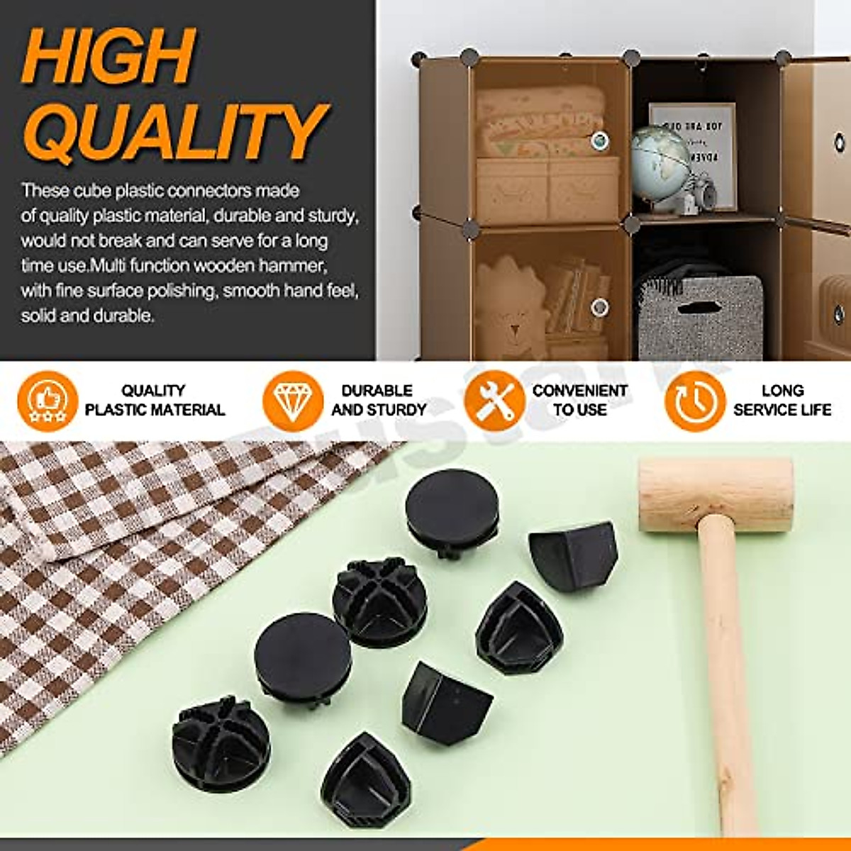 Rustark 91Pcs Black Wire Grid Cube Connectors with Zip Ties and Wooden Hammer, Cube Storage Connectors Foot Connectors for Cube Storage Modular Closet Storage Organizer and Wire Shelving