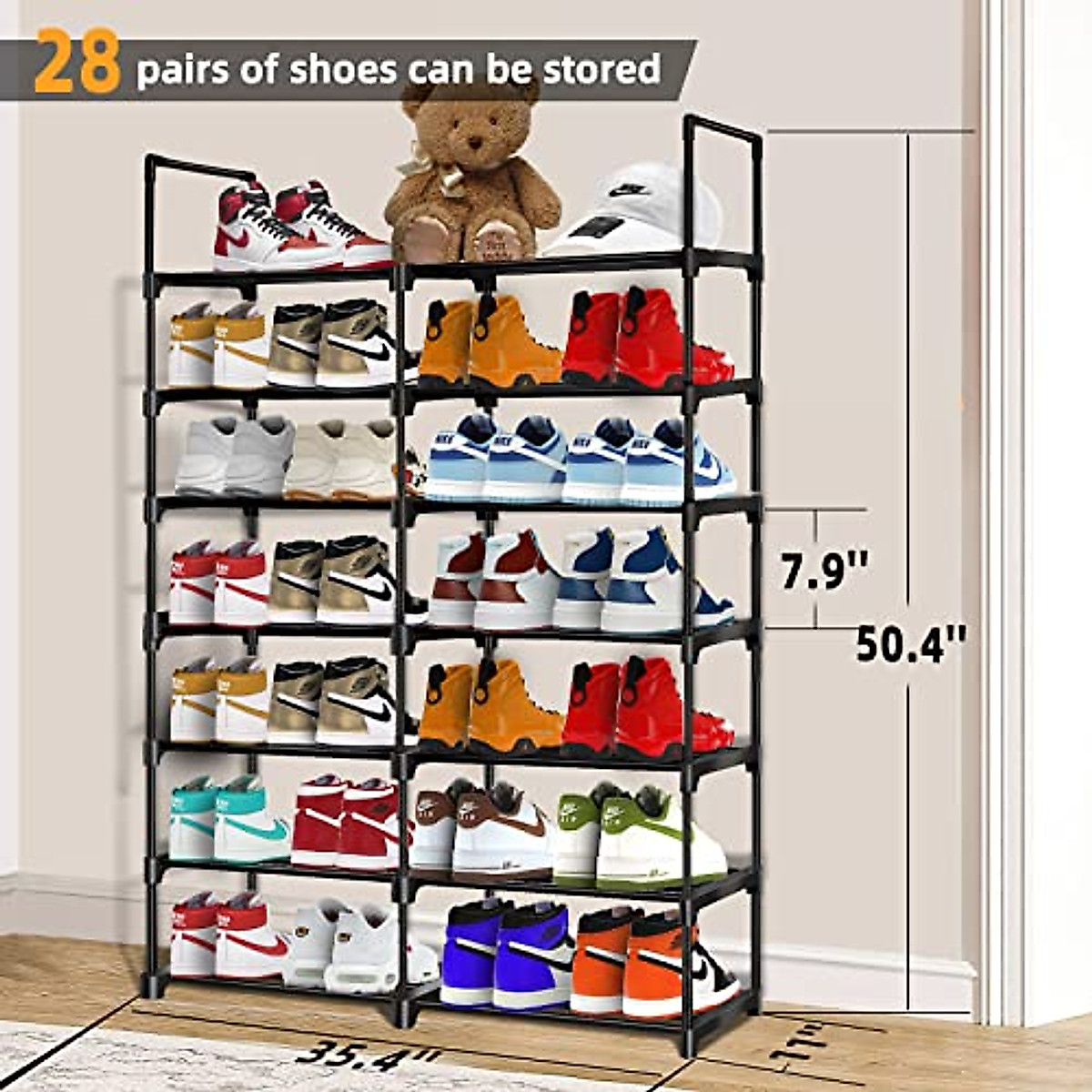 7-Tier Shoe Rack Storage Organizer for Closet, 28 Pairs Shoes and Boots Shelf Organizer, Durable Metal Pipes and Plastic Connectors Shoe Shelf Organizer for Entryway, Hallway, Living Room, Black