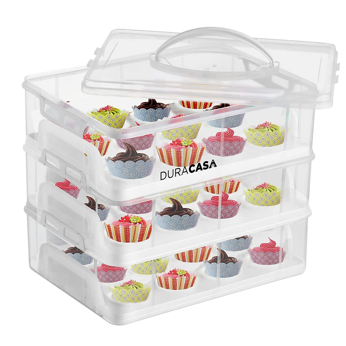DuraCasa Cupcake Carrier, Cupcake Holder - Premium Upgraded Model - Store up to 36 Cupcakes or 3 Large Cakes - Stacking Cupcake Storage Container - Cookie, Muffin or Cake Carrier (White, Three Tier)
