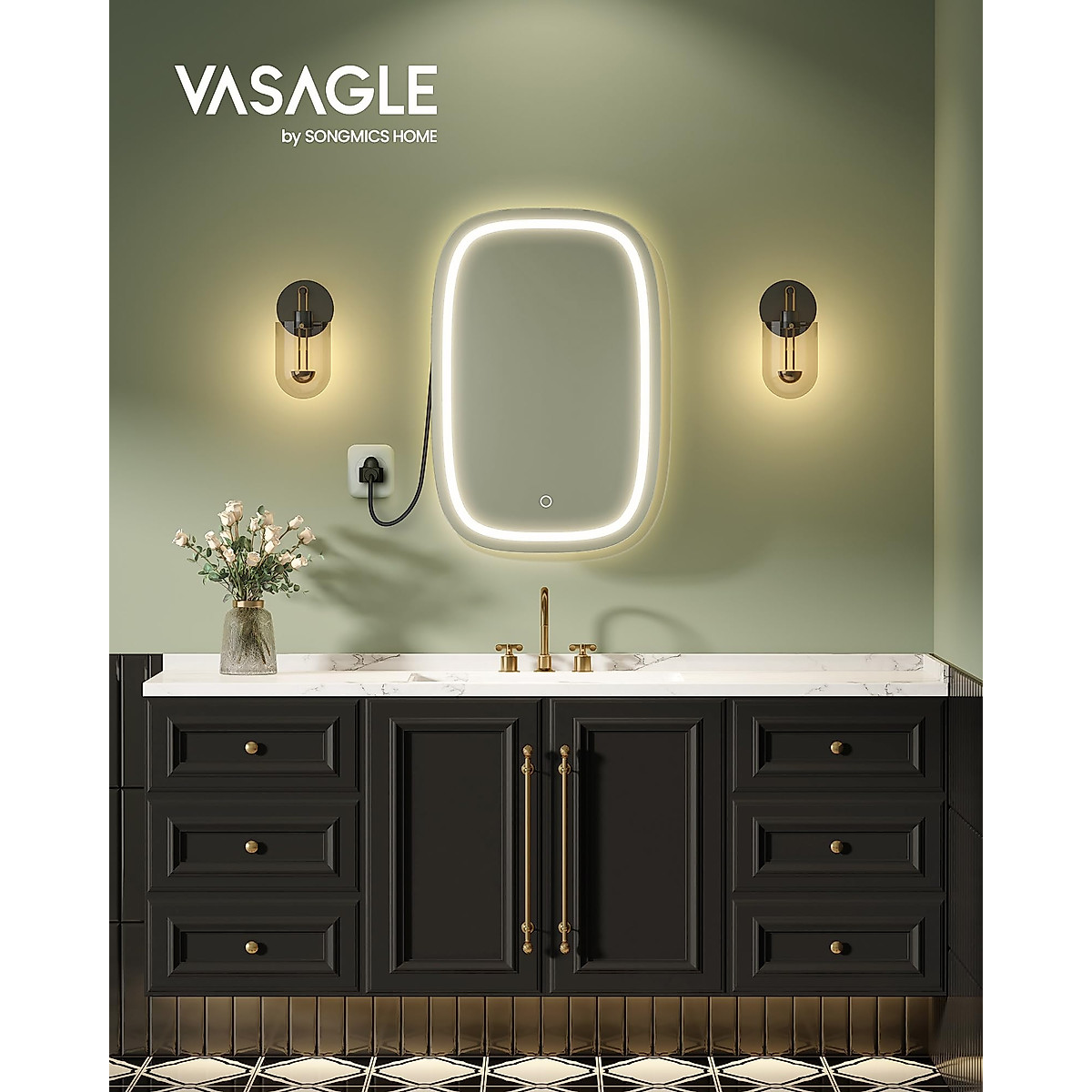 VASAGLE Medicine Cabinet with Mirror and Lights, Wall-Mounted Bathroom Wall Cabinet with Charging Station, 2 AC Outlets, 2 USB-A Ports, Rounded Rectangle, Adjustable Shelf, Black UBBK127B02