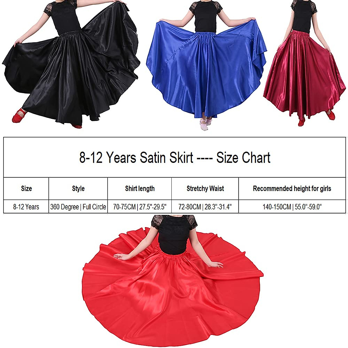 Long Full Ankle Length Satin Flowy Folkloric Latin Belly Dance Umbrella Skirt for Girls 8-12 Years (Violet)