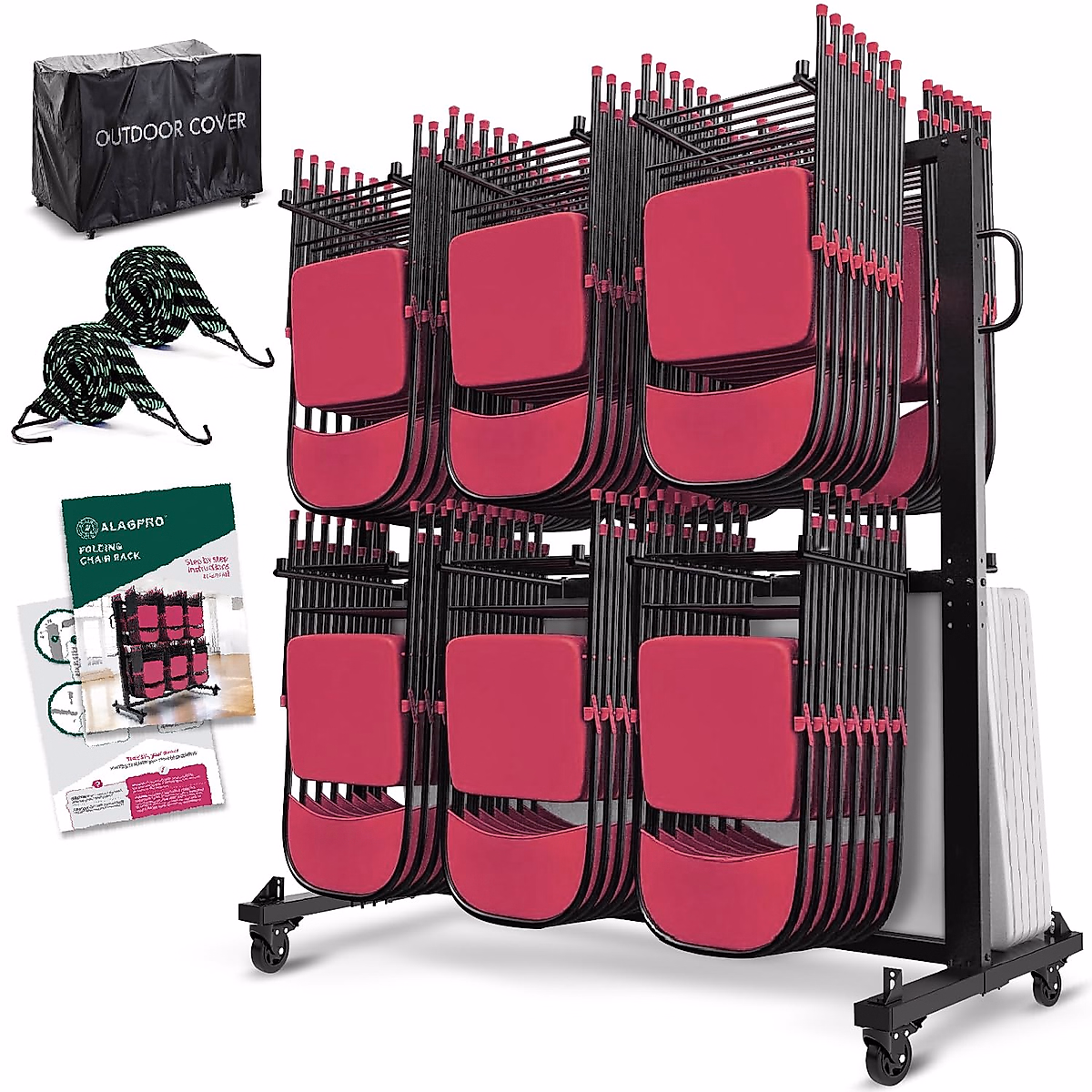 Folding Chair Rack - Folding Chair Cart | Folding Chair Storage Rack on Wheels - Foldable Chair Holder and Table - Heavy Duty Chair Dolly | Mobile Trolley with 84 Chairs Capacity & Outdoor Cover