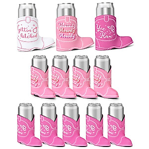 12 Pack Cowgirl Boot Bachelorette Party Skinny Can Sleeves Disco Cowgirl Slim Beverage Sleeves Favor Bridal Shower Insulated Neoprene Drink Holder for Western Themed Space Cowgirl Party Decorations
