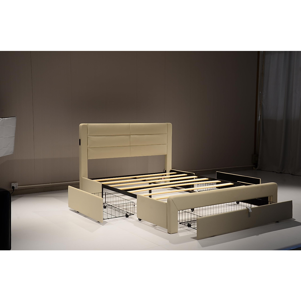 Queen Bed Frame with 3 Storage Drawers, Faux Leather Platform Bed with Headboard and Charging Station, Queen Size Bed Frame with Slats Support and USB Port, No Box Spring Needed, Beige