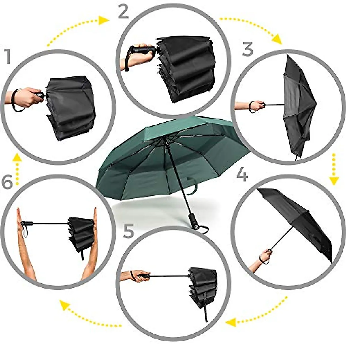 Ergonauts Windproof Vented Double Canopy Travel Umbrella with Teflon Coating - Portable Compact Foldable Lightweight Design and High Wind Resistance (Green)