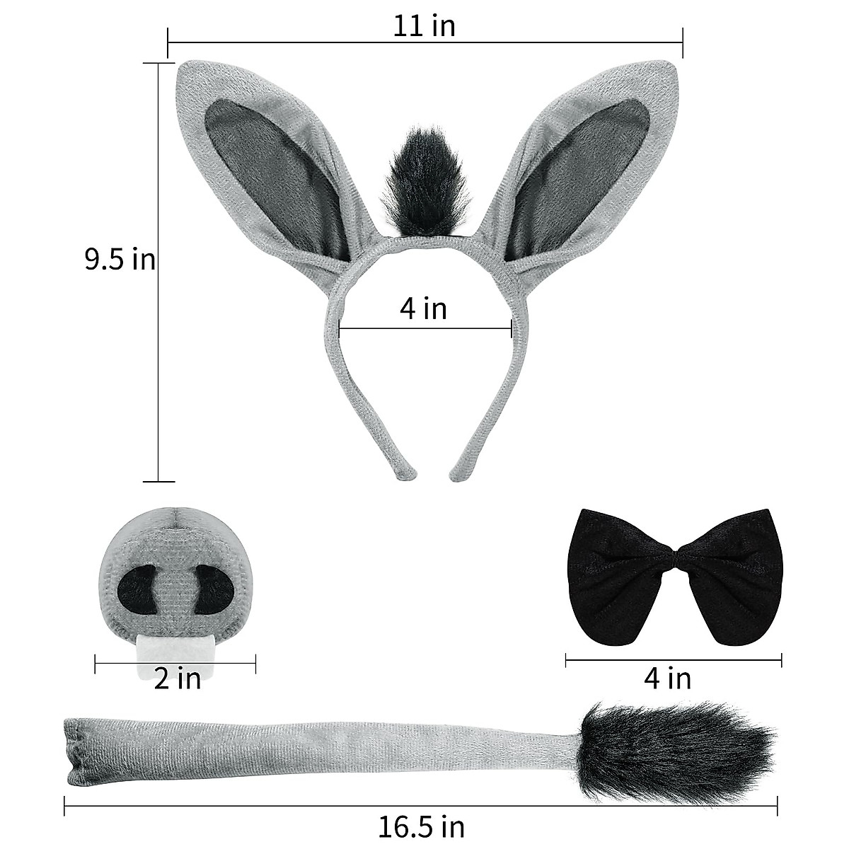 CASW Donkey Costume Ears-Tail-Headband-Tie Accessory Set: Donkey Ears Headband Tail Nose And Bow Tie Characters Costume - for Halloween Cosplay Kit Carnival Music Festival - for Dogs