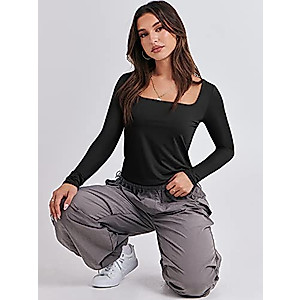 ANRABESS Crop Top for Women Long Sleeve Corset Workout Tees Basic T-Shirt Square Neck Fitted Sexy Going Out Shirt Tops Y2K Clothes 1040heise-M Black