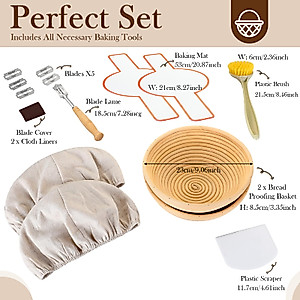 Thyle 2 Pack 9 Inch Banneton Bread Proofing Basket Set Round Rattan Sourdough Bread Baking Supplies with Liner Silicone Bread Sling Bread Making Supplies Tools Scraper Kit Bread Lame with Blades Brush