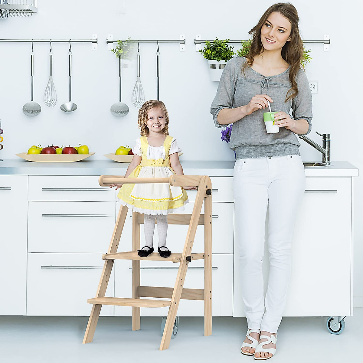 Toddler Step Stool, Folding Wooden Step Stool, Montessori Toddler Tower, Kids Step Stool Toddler Tower, Kitchen Step Stool Helper for Toddlers, Kitchen Step Stool Helper Standing Tower