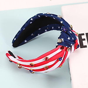 Budsmile American Flag Headbands for Women Girls Independence Day 4th of July Red White Blue Patriotic Headband USA Knotted Wide Rhinestone Hair Accessories Hair Hoops
