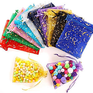ENNIYU 100 Pieces Moon Star Organza Bags, 4x6“ Mixed Color Christmas Wedding Favors Gift Drawstring Bags Jewelry Pouches Candy Mesh Pouches