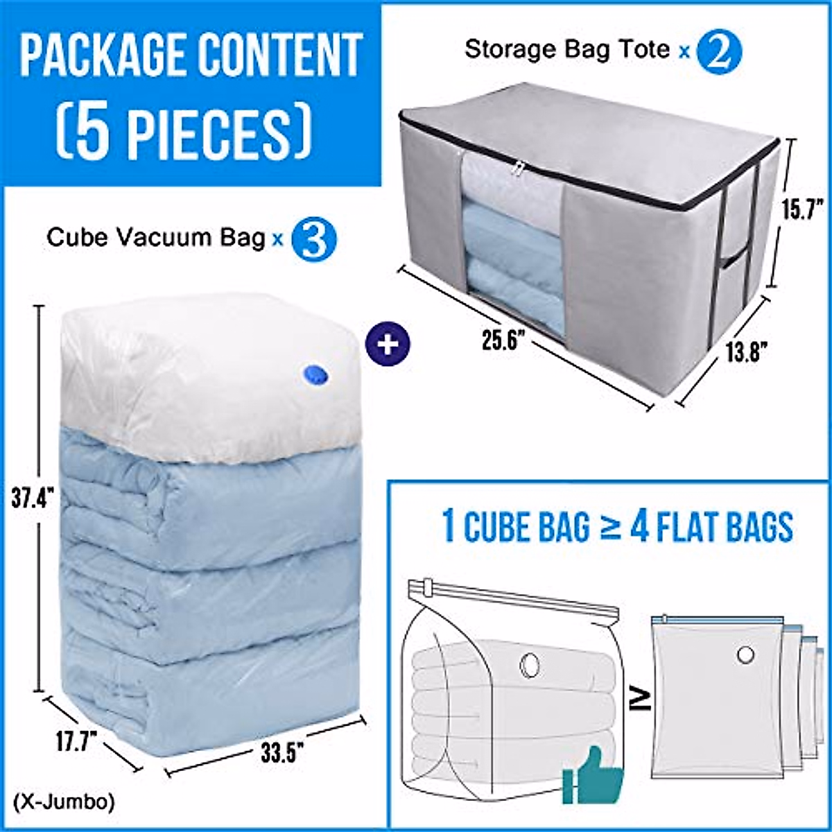 Cube Vacuum Storage Space Bags / Storage Bag Totes with Reusable Cubic Vacuum Compressed Space Saver Bags. Large Capacity Bedroom and Closet Organizing System that Protects Your Comforters, Clothing, Bedding, & More! (X-Jumbo Bundle) (Gray - Set of 5)