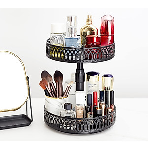 Y&M 2 Tier Lazy Susan Turntable, Height Adjustable Spice Organizer, 9.5” & 10” Round Metal Rotating Spice Rack, Spice Jars Storage Holder for Snack Pantry Cabinet Bathroom Countertop Kitchen - Black