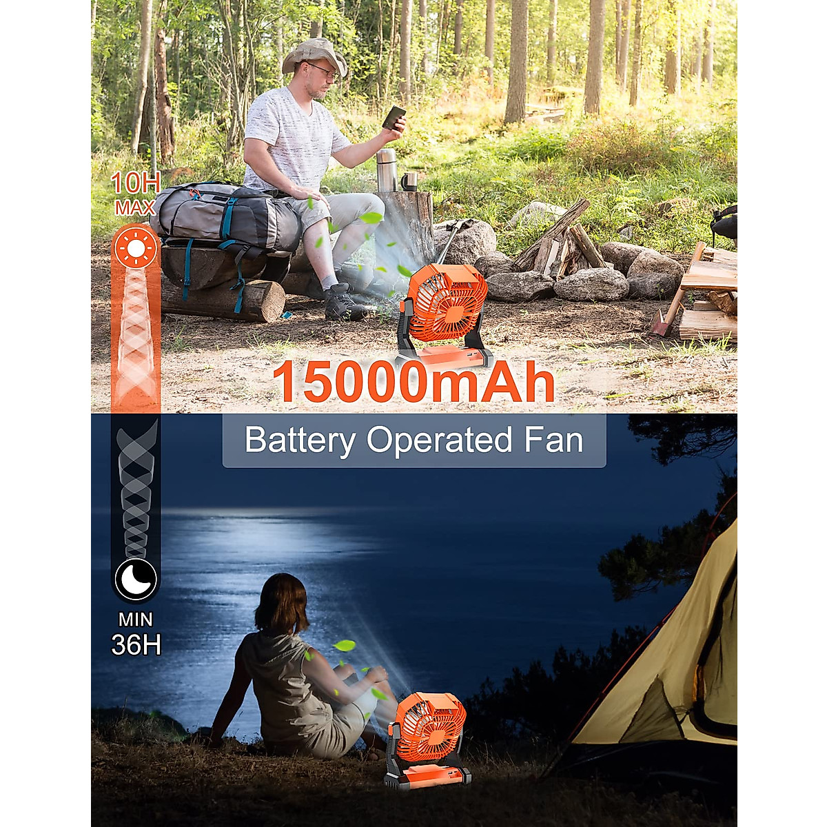 Camping Fan for Tent, 15000mAh Rechargeable Battery Operated Fan, Portable Tent Fan for Camping with Light, Hook, Timer, 270° Rotation, Outdoor USB Fan for Picnic BBQ Fishing Travel Hurricane Jobsite