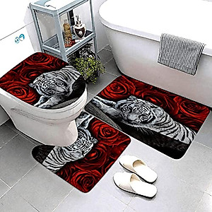XVWJ Red Rose Tiger Shower Curtain Sets with Rugs Toilet Lid Cover and Bath Mat, Waterproof Animal Shower Curtain with Hooks, Romantic Flower Tiger Bathroom Sets with Shower Curtain and Accessories