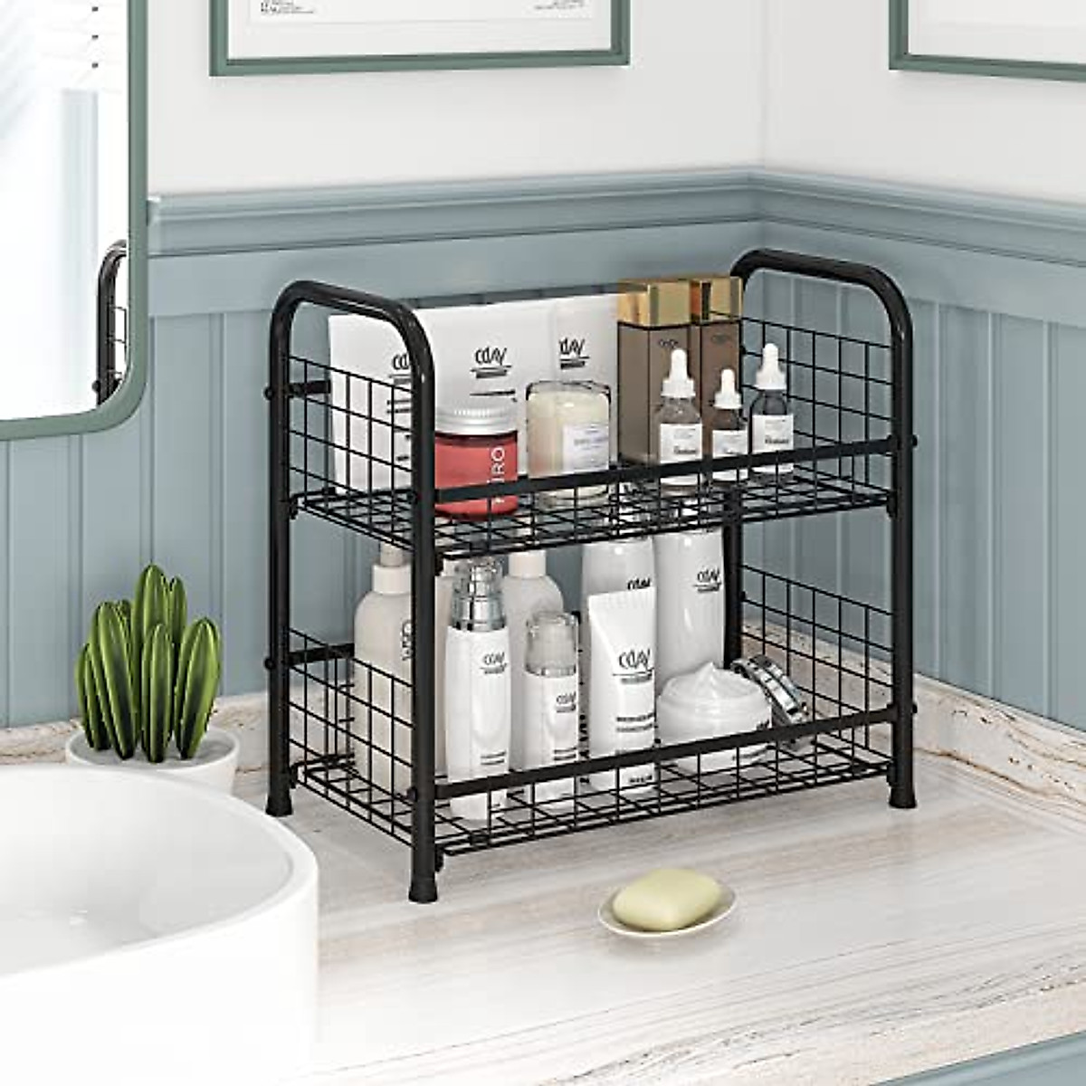 Multi-Purpose Under Sink Organizer, Bathroom Trays, Holders&Shelves Unit with Adjustable Feet, Metal Steel Storage Tower Organizer Rack Basket Cart for Bathroom, Living Room, Balcony, Kitchen