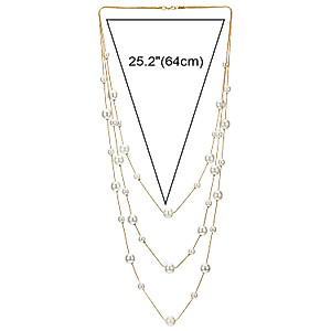 Gold White Statement Necklace Three-Strand Long Chains with Synthetic Pearl Beads, Elegant, Dress