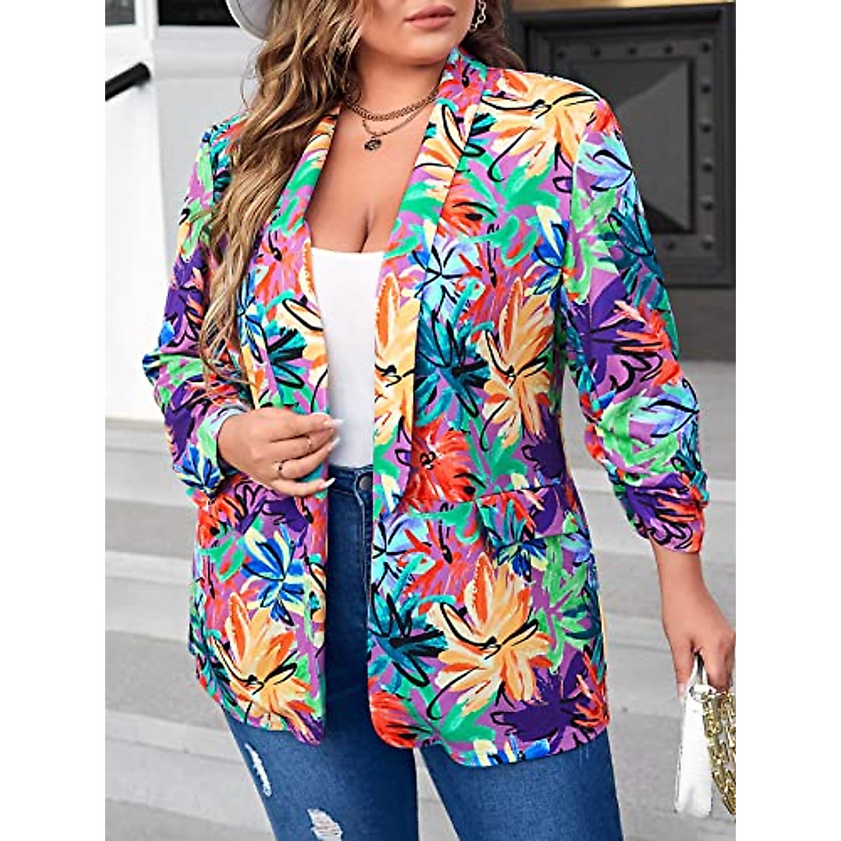 WDIRARA Women's Plus Size Floral Print Blazer Button Open Front Long Sleeve Jacket Multicolor 1XL