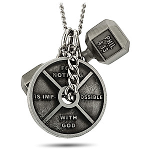 Shields of Strength Women's Weight Plate and Dumbbell Pendant Combo Necklace Philippians 4:13 & Luke 1:37 Bible Verses Weightlifters Christian Jewelry