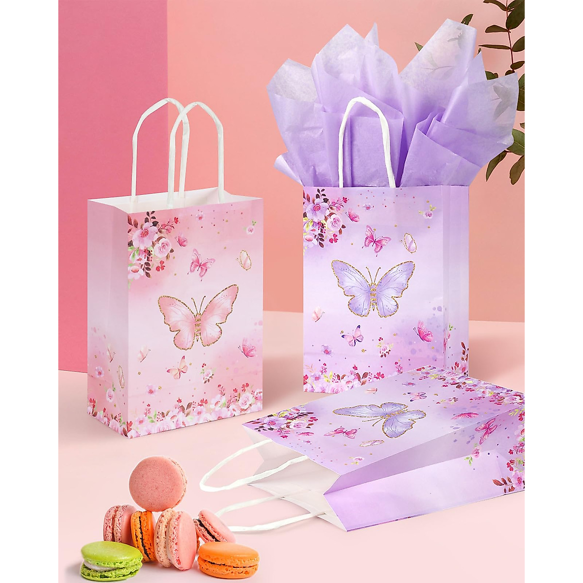 LWBDD 16 Pcs Butterfly Party Favors Gift Bags Goodie Bags, Pink Purple Treat Candy Bags; small size Paper Bags with Handles & Tissue Paper for Girls Butterfly Birthday Party Supplies Baby Shower