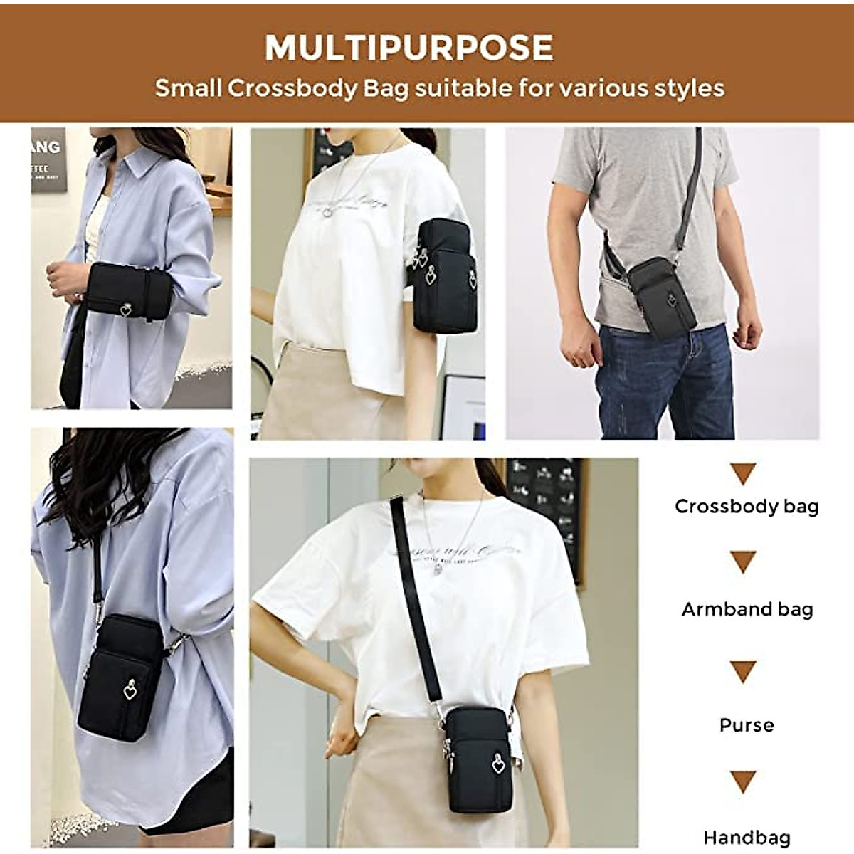 Small Crossbody Bags for Women, Black Waterproof Cell Phone Crossbody Wallet Purse Handbags Mens Gym Bags, Detachable Strap Multi Pocket Casual Outdoor Sling Designer Crossbody Bags for Women Unisex