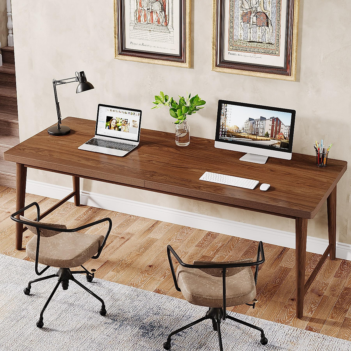 Tribesigns 78.7" Extra Long Desk, Large 2-Person Computer Desk Writing Desk, Double Home Office Desk Study Work Table with Metal Legs, Rich Walnut