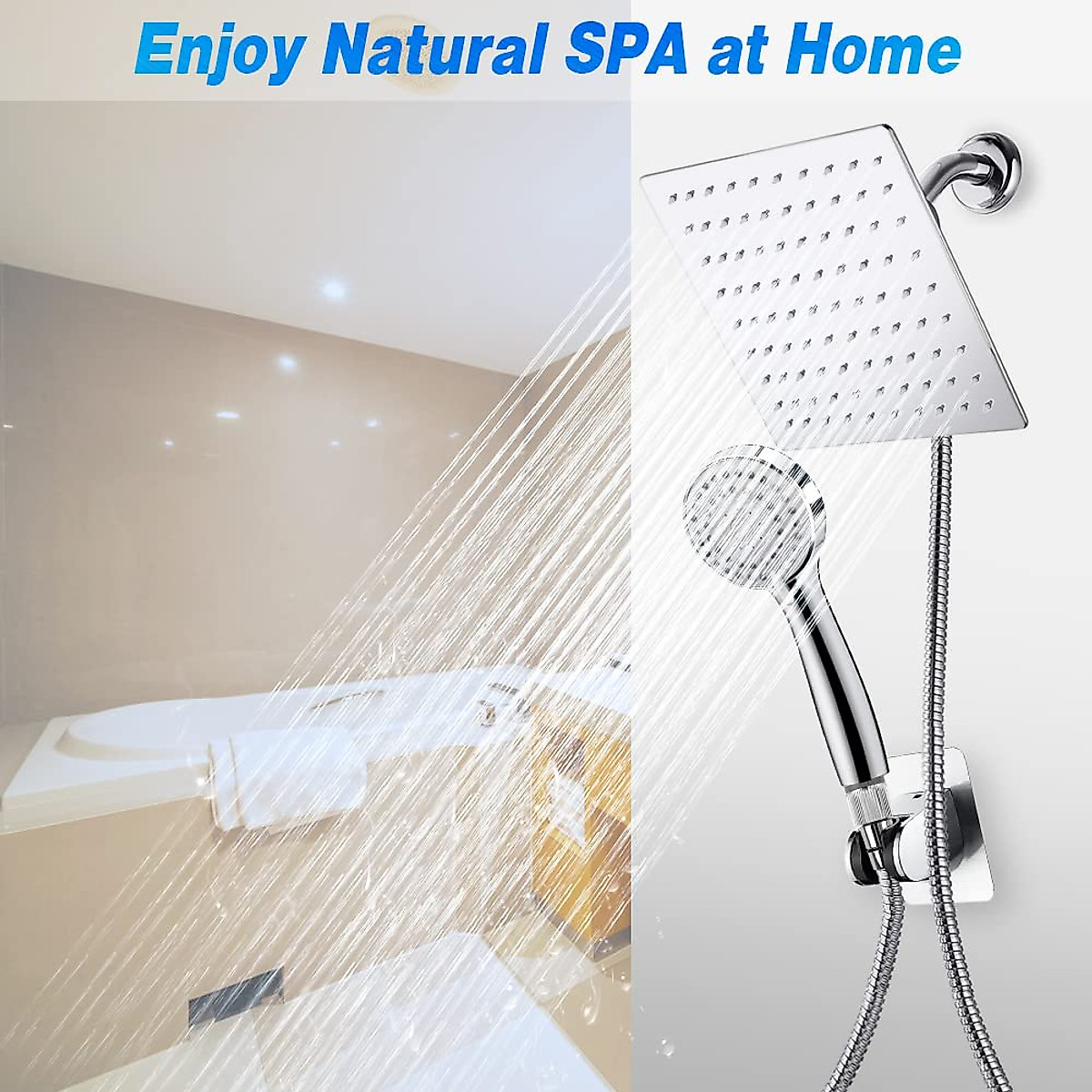 Shower Head, High Pressure 8'' Rainfall Stainless Steel Shower Head/Handheld Combo with 60'' Hose Anti-leak Shower Head with Holder, Flow Regulator, Chrome, 4 Shower Hooks (8'' Showerhead Set, Sliver)