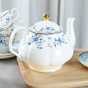 fanquare 15 Piece Blue Rose Porcelain Tea Set, British Floral Teapot with Tea Cups, Women Tea Party Set for 6