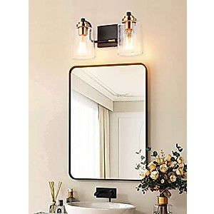 SOLFART Vintage Wall Bathroom Vanity Light Black Metal with Clear Glass Bronze Fixtures Wall Mount Lighting Sconce (2 Lights)