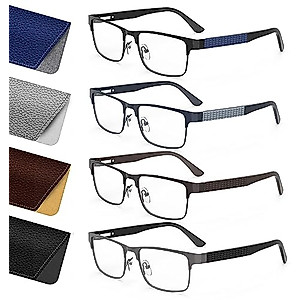 KISDATE OPTICS 4 Pack Reading Glasses Blue Light Blocking Men,Stylish Computer Readers Anti UV/Eyestrain Durable Metal Frame Spring Hinge Quality Eyeglasses Exquisite Leather Case (Mix Color +1.50)