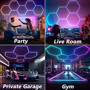 lylunnamsp Hexagon Garage Lights Ceiling LED, Honeycomb Lights, RGB Hexagon Garage Light with Remote, 6500K, Aluminum Hexagonal Shop Lights for Gaming Room Bar Party Live Room,Multi Colored,5 HEX