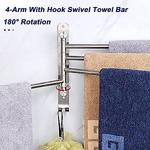 NearMoon Swivel Towel Rack, Thicken SUS304 Stainless Steel 4-Arm Towel Bar, Space Saving Wall Mounted Towel Holder with Hook, Rustproof Swing Out Towel Hanger for Bathroom, Kitchen (Brushed Nickel)