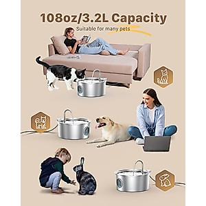 Cat Water Fountain Stainless Steel - Dog Automatic Waterer Bowl - Auto Pet Dispenser - Small Pets Drinking Waterer Indoor - Auto Dish Animal Fountains - 108oz/3.2L Metal Self Kitty Watering Supplies