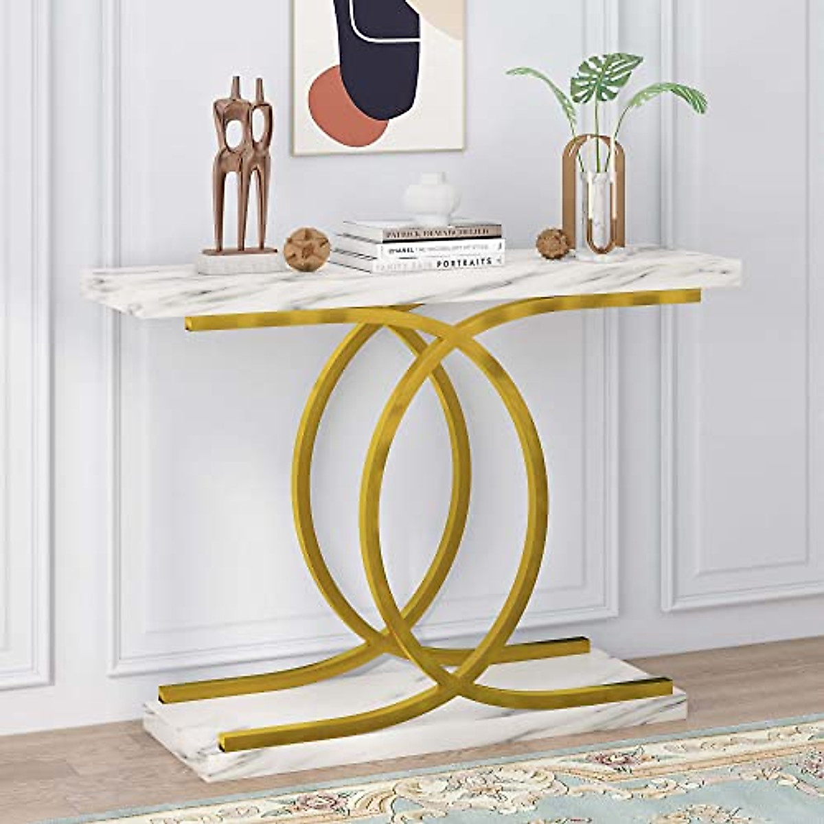 PAKASEPT Console Table with Gold Base, 40 inch White Faux Marble Narrow Entryway Table Foyer Table for Living Room, Entryway, Hallway, Entrance