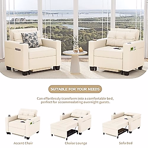 DURASPACE 39 inch Futon Chair Bed Convertible Chair 3-in-1 Pull Out Sleeper Reading Chair Beds with USB, Armchair Sleeper Bed for Living Room, Dorm, Small Space (Off White Faux Leather)