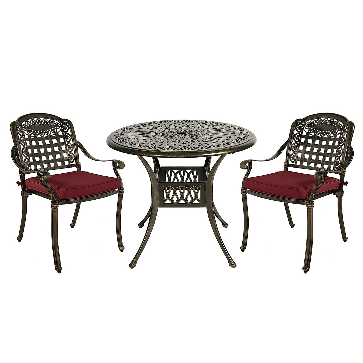 MEETWARM 3 Piece Patio Bistro Set, Outdoor All-Weather Cast Aluminum Dining Furniture Set Includes 2 Chairs with Cushions and a 35.4” Round Table with Umbrella Hole for Garden Deck, Chili Red