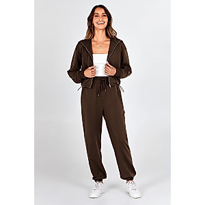 PRETTYGARDEN Women's 2 Piece Tracksuit Outfits Long Sleeve Zip Up Sweatshirt Drawstring Sweatpants Lounge Set (Coffee,Large)